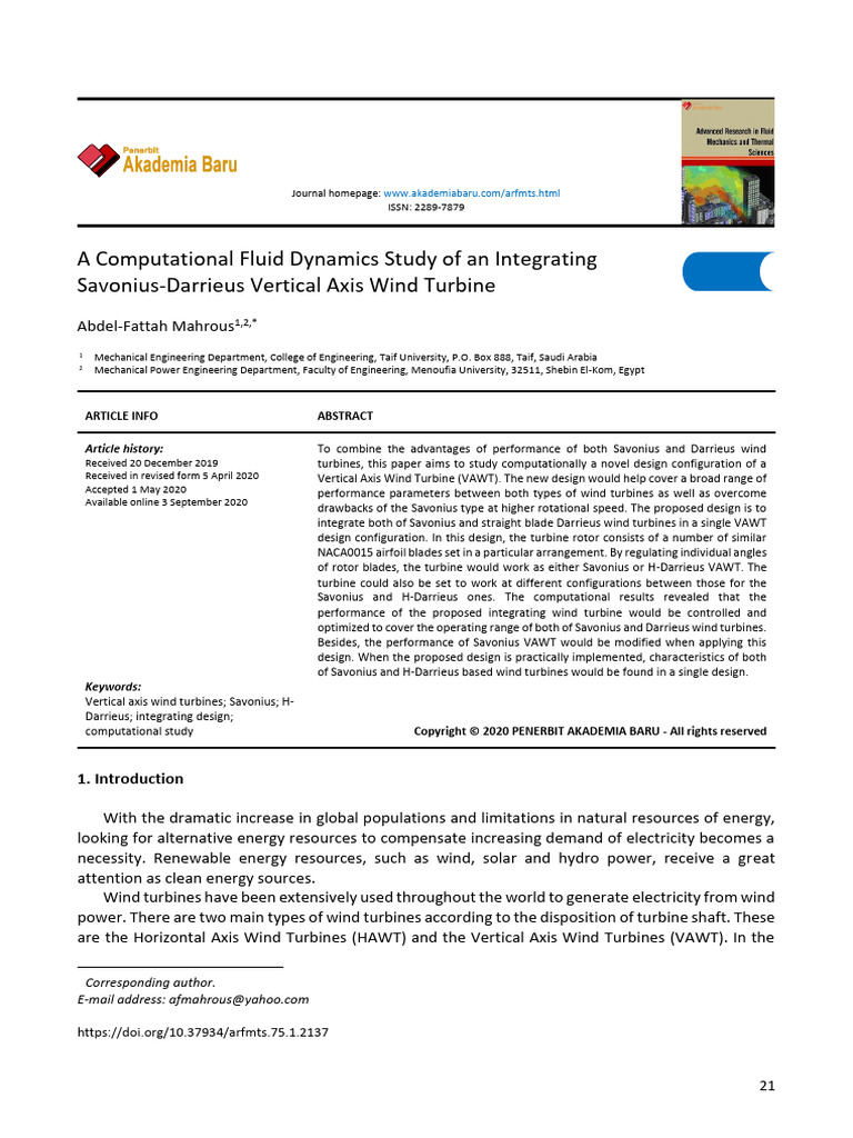 A Computational Fluid Dynamics Study of An Integrating Savonius ...