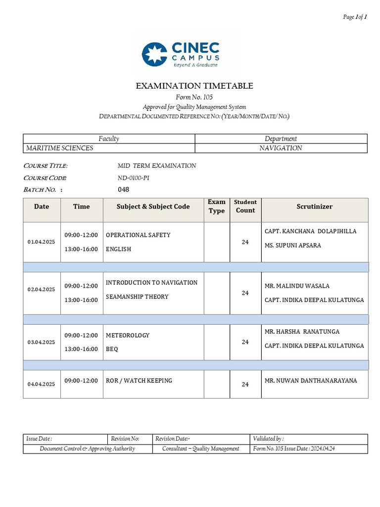 Form - 105 - Examination Timetable (002) BATCH 048 - MID TERM | PDF