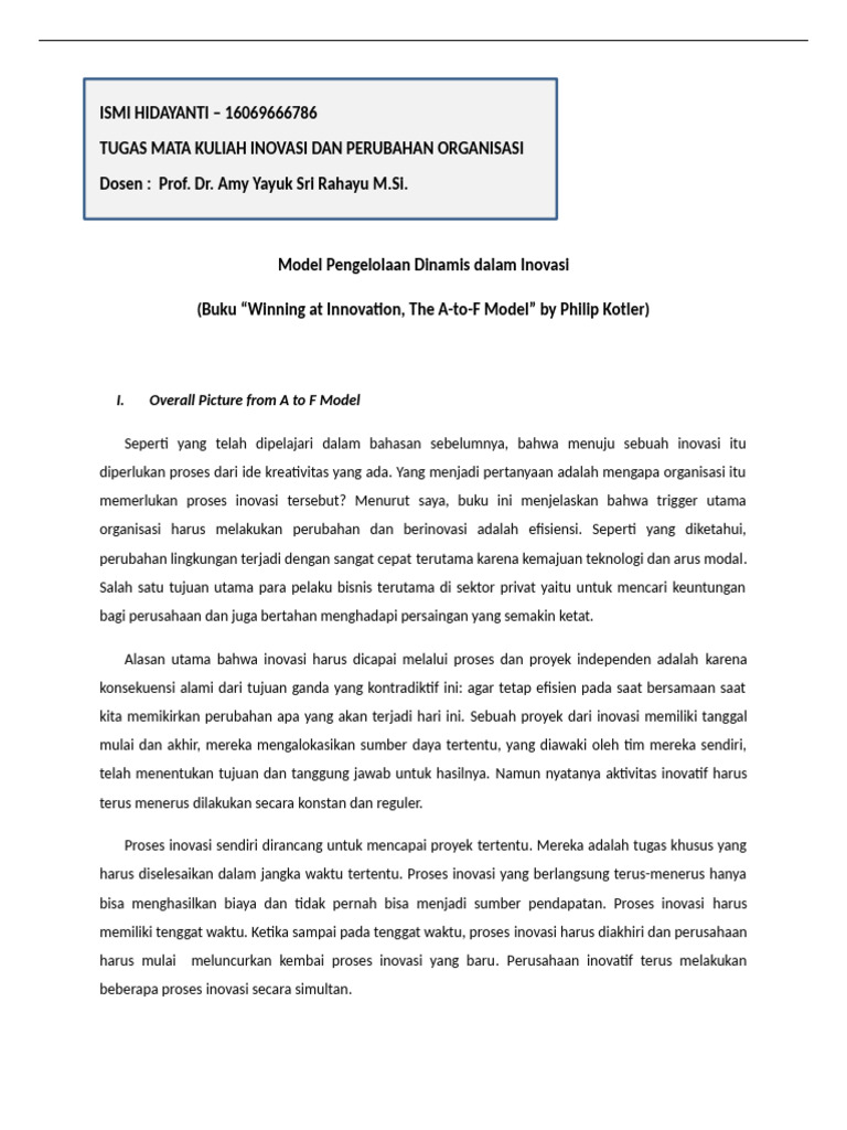 Summary - Winning at Innovation The A-to-F Model by Philip Kotler | PDF