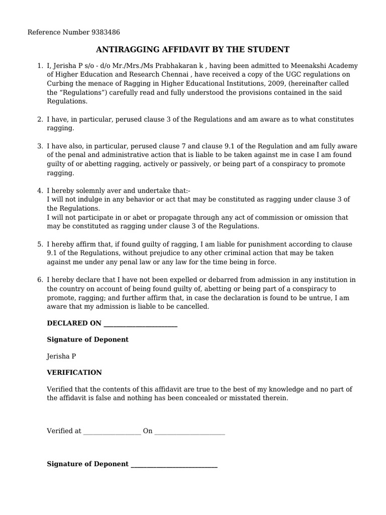Anti Ragging Affidavit Form | PDF | Affidavit | Justice