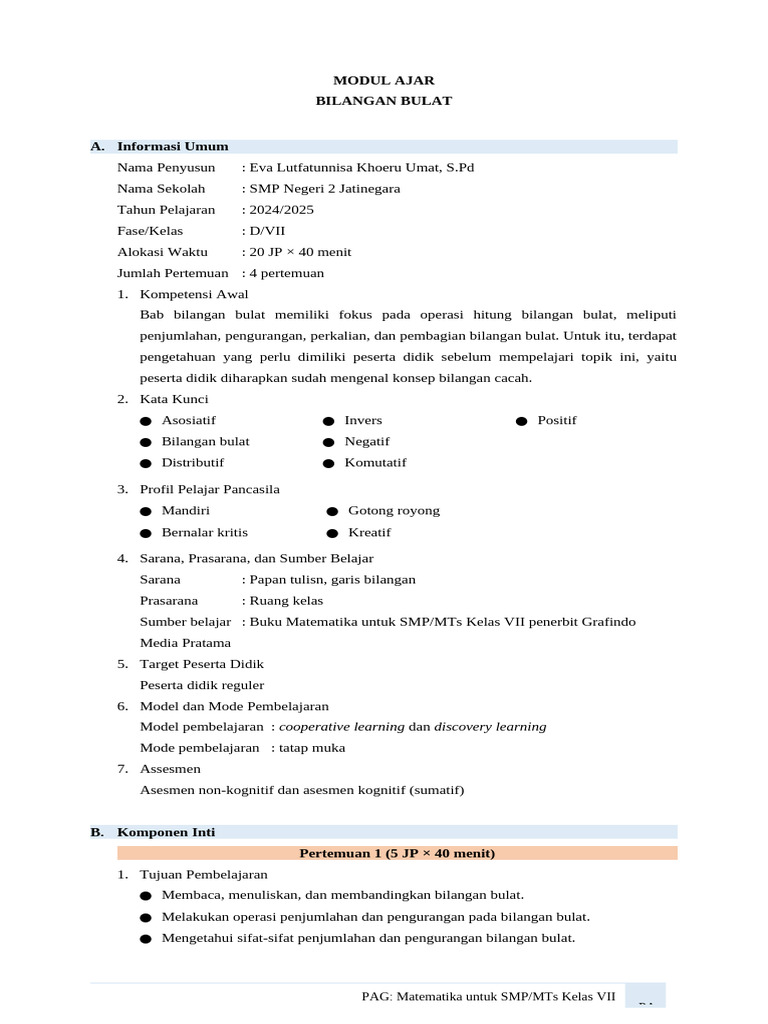 Modul Ajar Bilangan Bulat SMP VII | PDF
