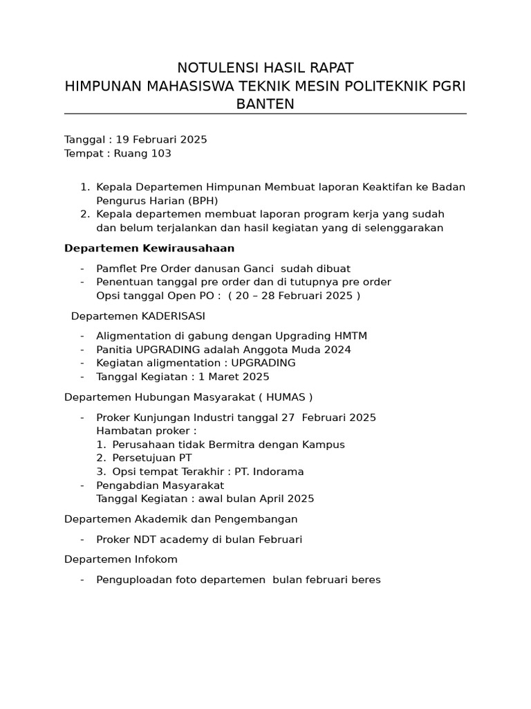 NOTULENSI HASIL RAPAT HMTM 19 Feb 2025 | PDF