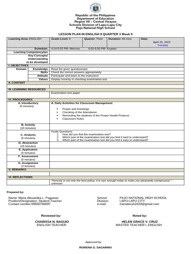 Lesson Plan 04 11 23 G8 W9 PAGASIAN | PDF | Teaching | Cognition
