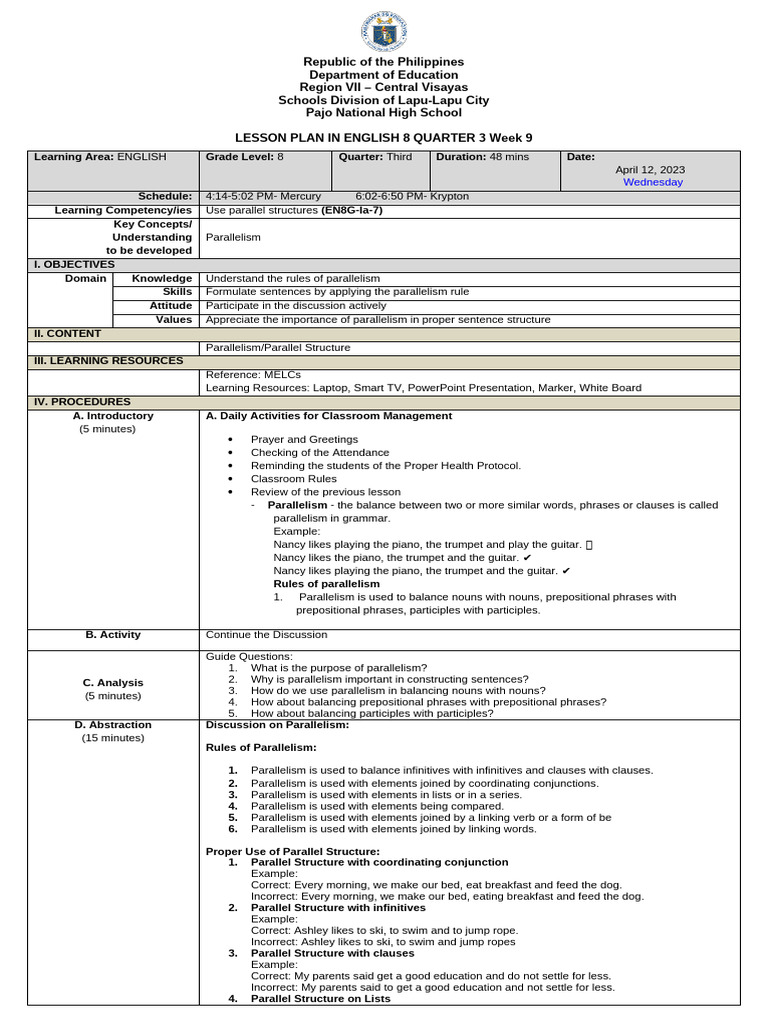 Lesson Plan 04 12 23 G8 W9 PAGASIAN | PDF | English Grammar | Verb