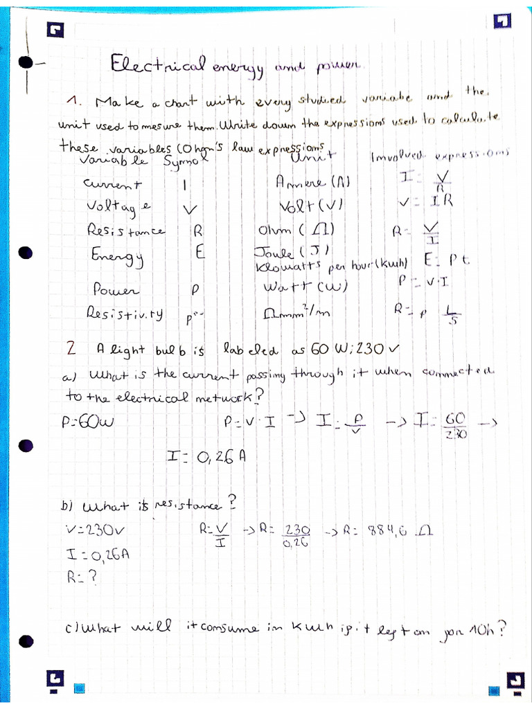 Electrical Energy and Power Exercices | PDF