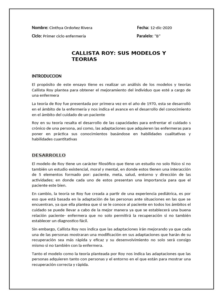 Modelos y Teorías de Callista Roy en Enfermería | PDF | Enfermería | Teoría