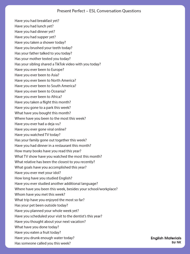 Present Perfect ESL Conversation Questions EnglishMaterialsbyNK | PDF