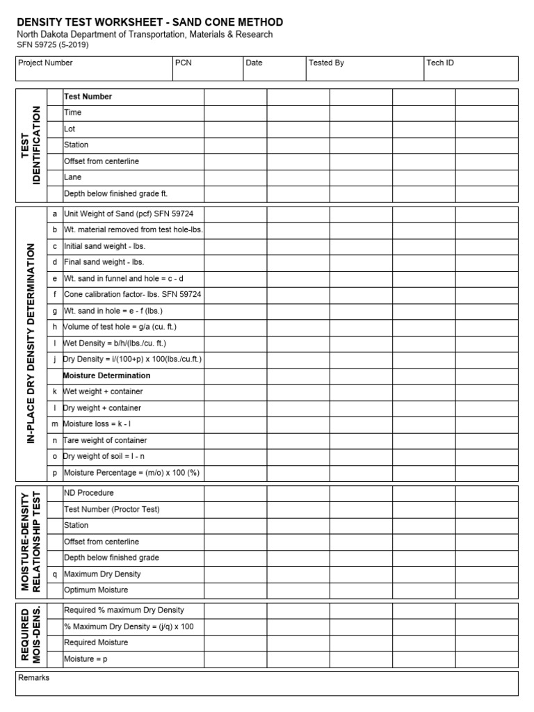 Sand-Cone Density Form | PDF | Density | Soil Science