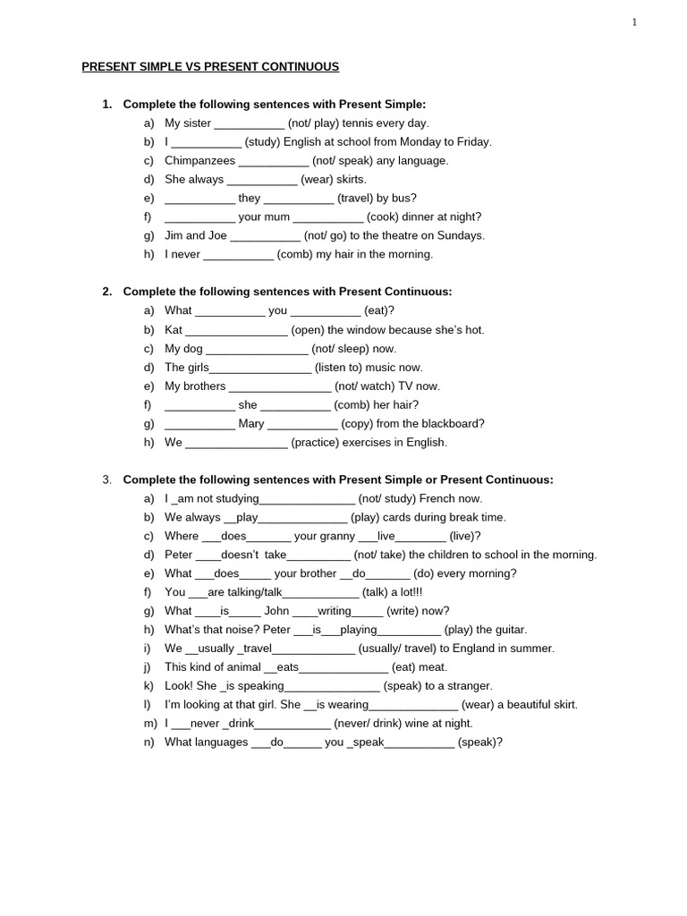 Present Simple and Continuous Homework | PDF