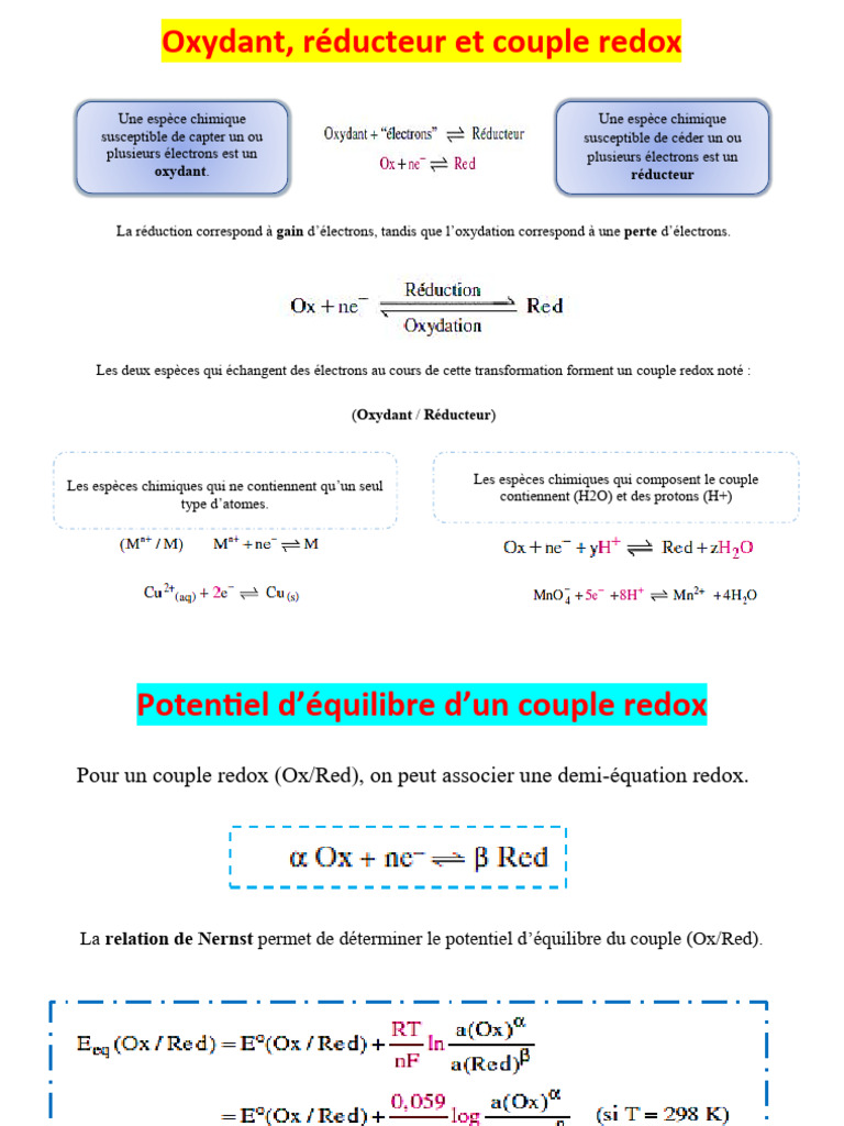 Comprendre les couples redox et leur potentiel | PDF