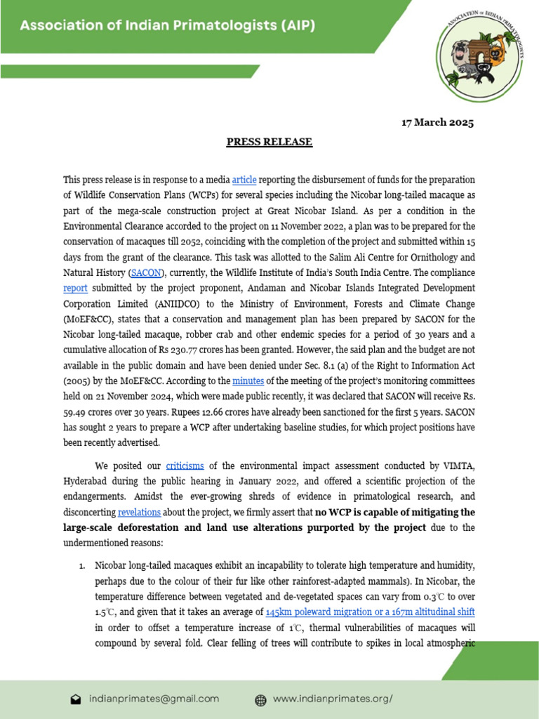 Letter by Association of Indian Primatologists | PDF | Conservation ...