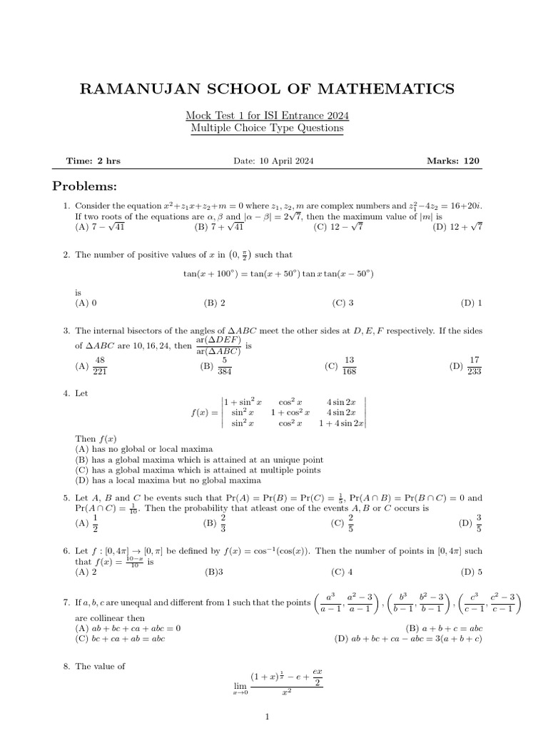 ISI Entrance 2024 1 Objective | PDF | Mathematics | Discrete Mathematics
