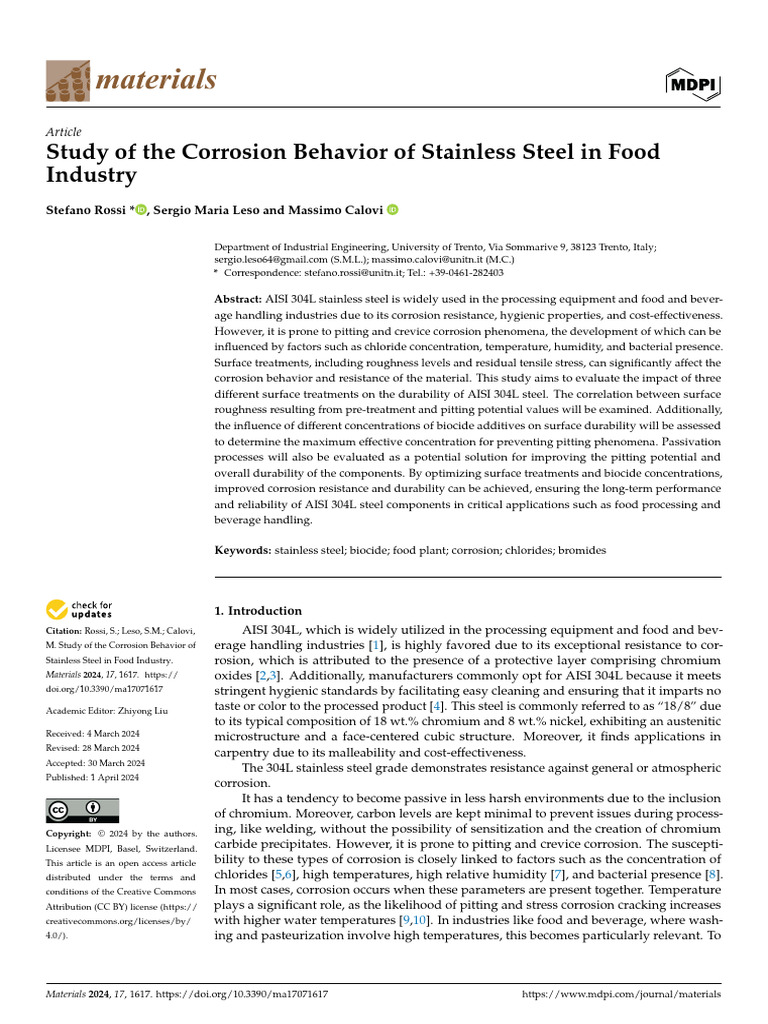 Study of The Corrosion Behavior of Stainless Steel in Food Industry ...