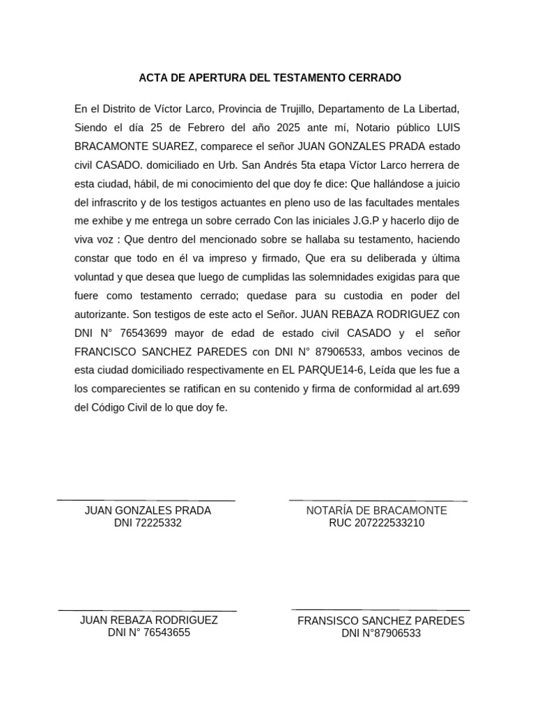 Acta de Testamento Cerrado | PDF