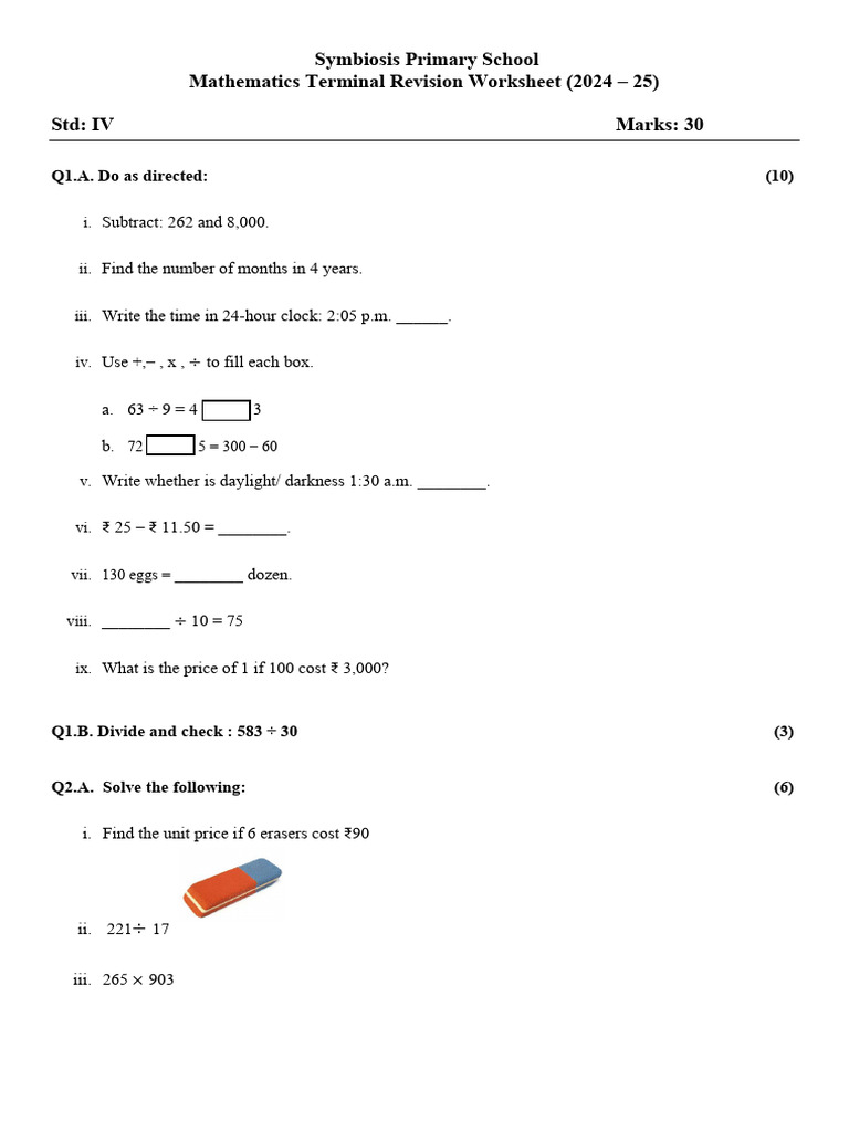 Std IV Math Revision Worksheet 2024-25 | PDF