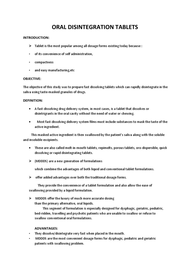 Oral Disintegration Tablets Word | PDF | Tablet (Pharmacy ...
