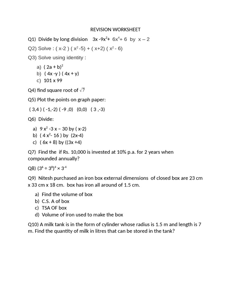 Revision Worksheet | PDF
