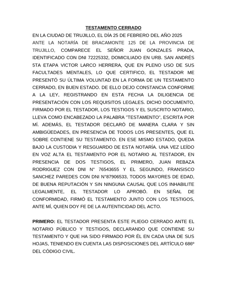 Testamento Cerrado | PDF | Voluntad y testamento