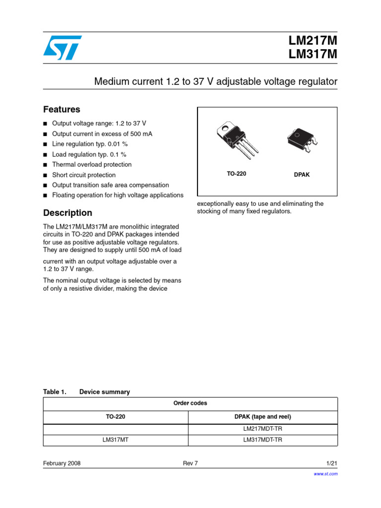 STMicroelectronics LM317MDT TR - C68136.cleaned | PDF | Power Supply | Electrical Engineering