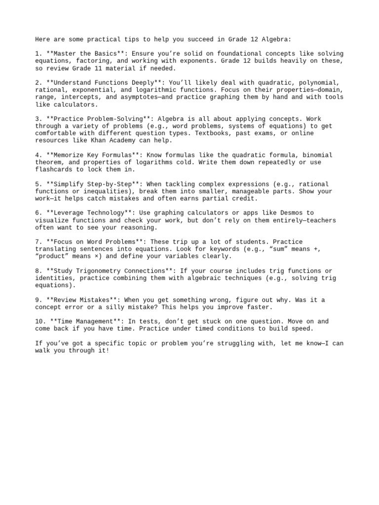 Grade 12 Algebra Success Tips | PDF