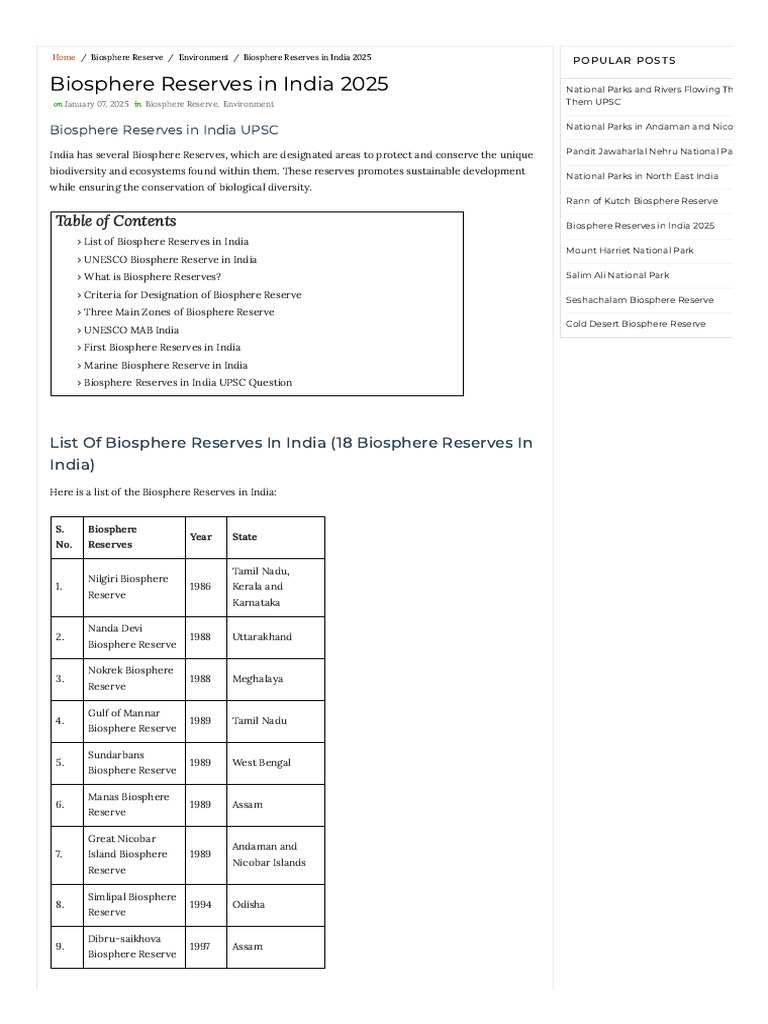 Biosphere Reserves in India 2025 Overview | PDF | Sustainability ...