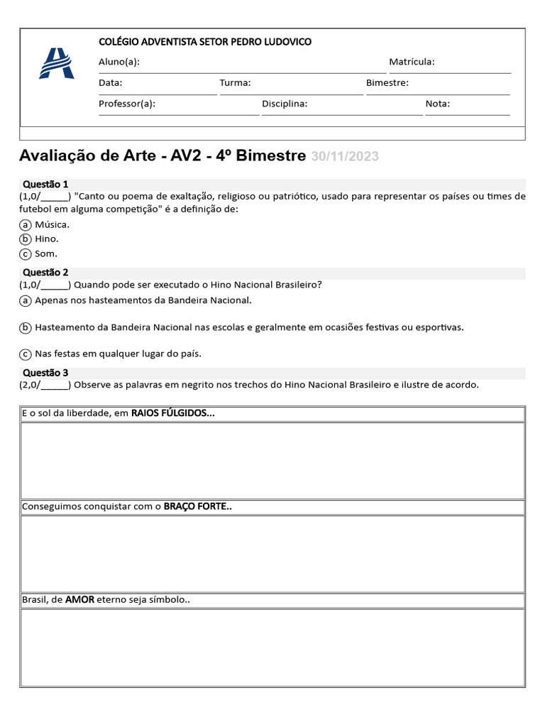 Av2 Arte 4º Bim 3º Ano | PDF