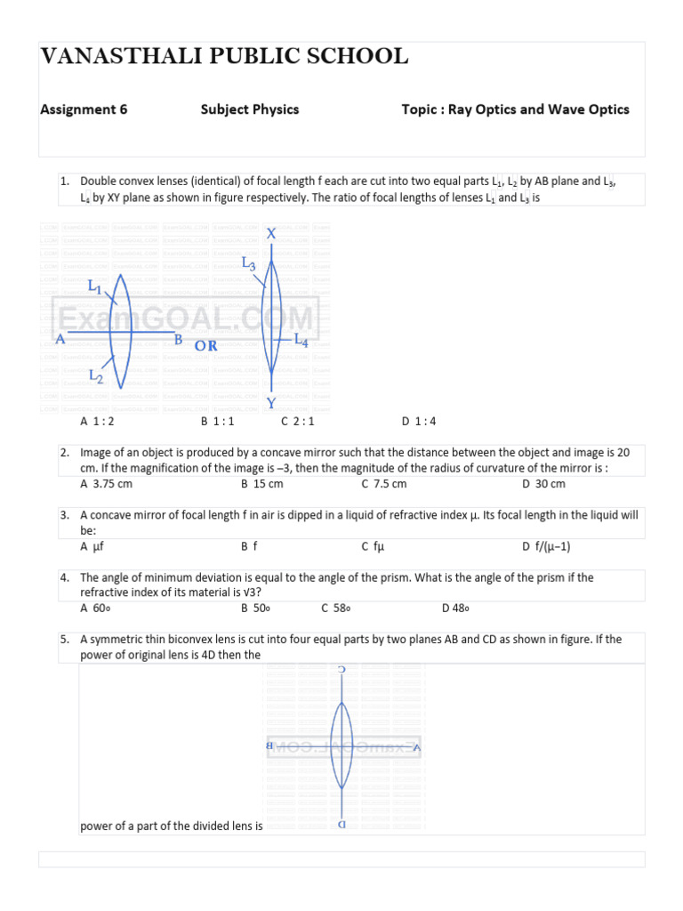 Vanasthali Assignment 6 Optics | PDF | Diffraction | Refraction