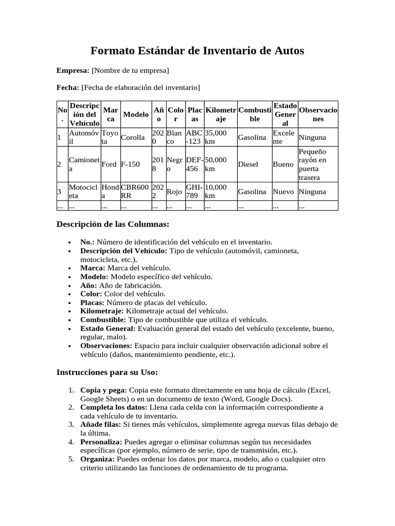 Formato de Inventario de Vehículos | PDF | Industria automotriz ...