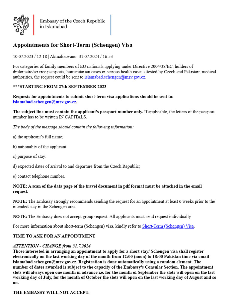 Appointments For Short-Term (Schengen) Visa - Embassy of The Czech ...