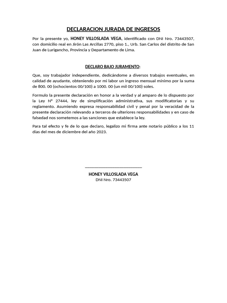 Declaracion Jurada de Ingresos | PDF