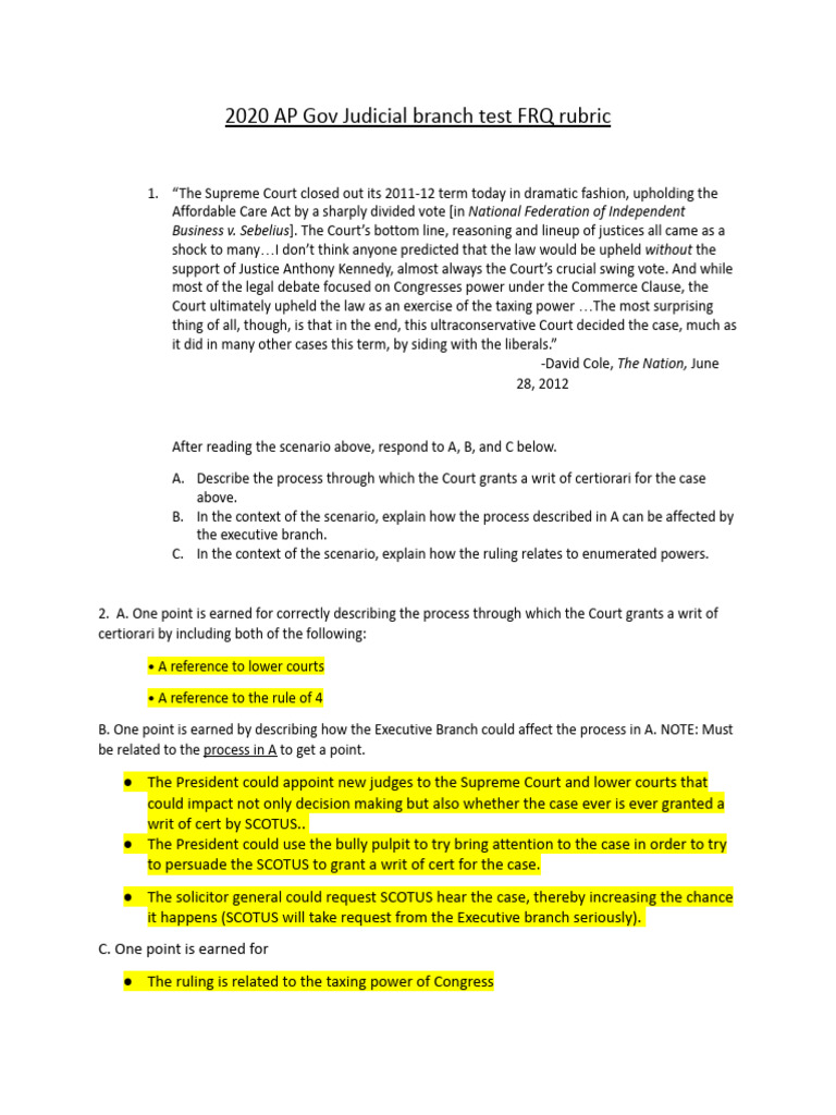 2020+AP+Gov+Judicial+branch+test+FRQ+rubric Docx+ | PDF | Supreme Court ...