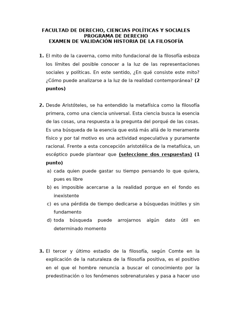 Examen Validación Historia de La Filosofía | PDF | Metafísica | Esencia