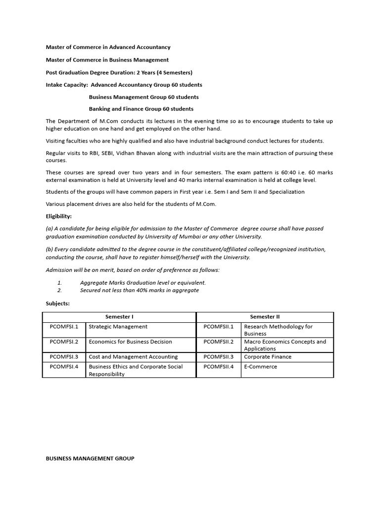 Master of Commerce Programs Overview | PDF | University And College ...