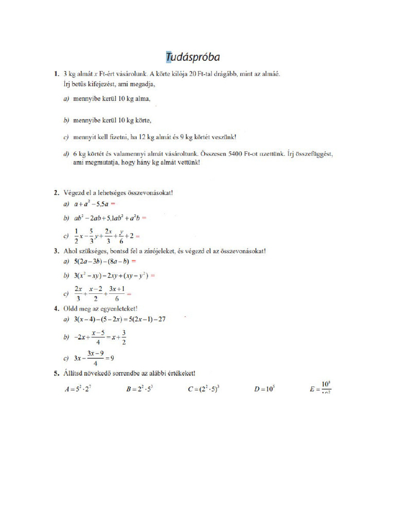 Algebrai Kifejezések, Szöveges Feladatok | PDF