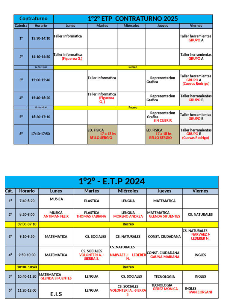 Horario 1°2da Etp Contraturnos | PDF