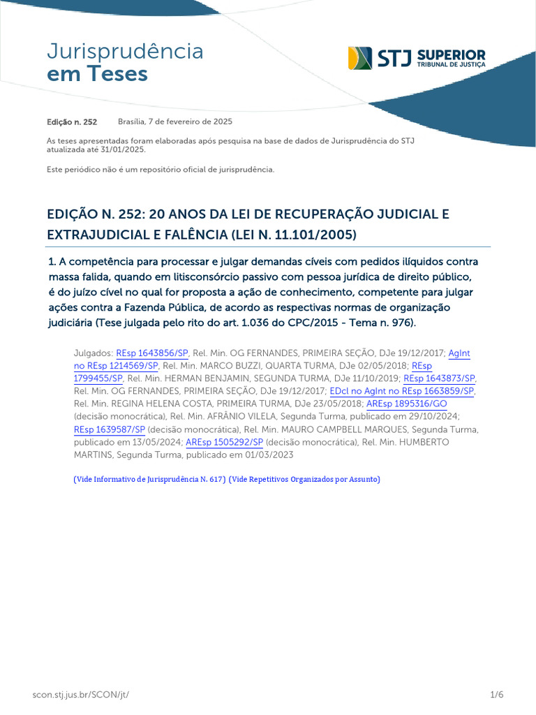 Jurisprudencia em Teses 252 - 20 Anos Da Lei de Recuperacao Judicial e ...