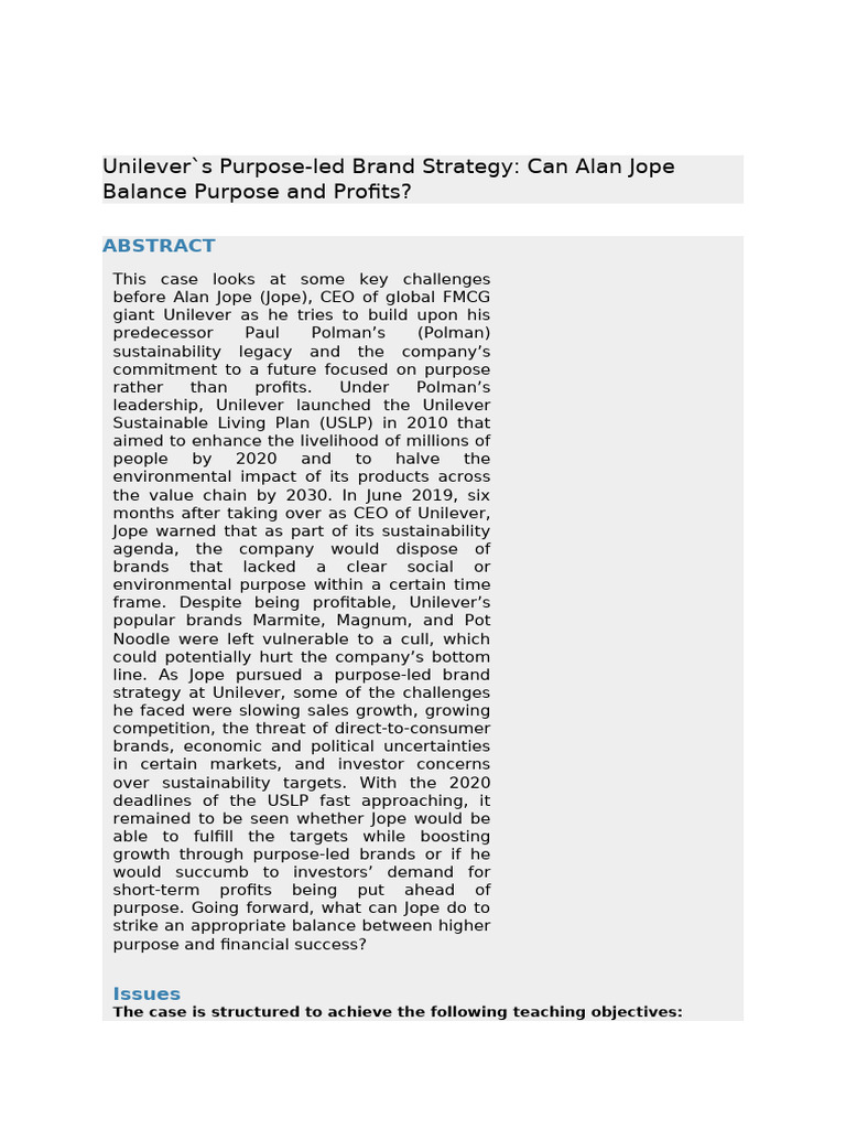 Unilever's Purpose vs. Profits Challenge | PDF