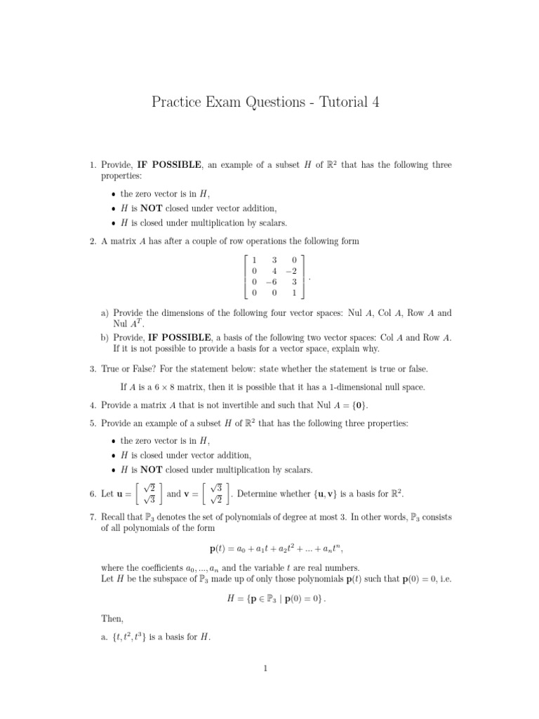 Linear Algebra Practice Exam Questions | PDF | Basis (Linear Algebra) | Vector Space