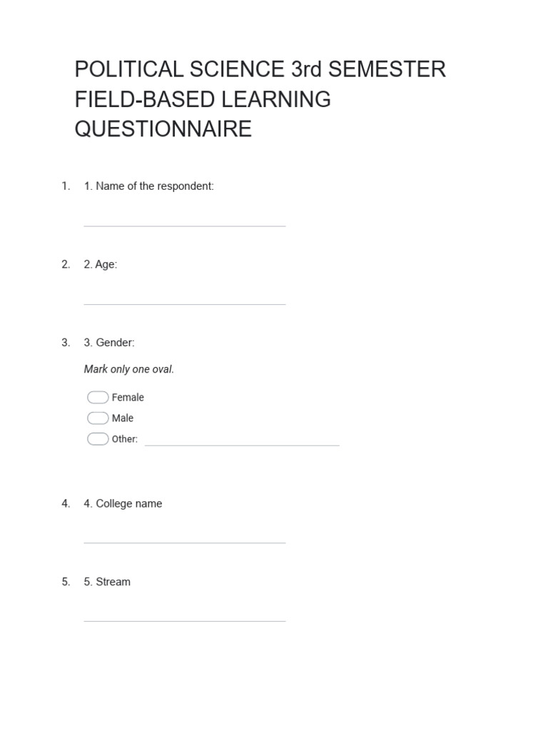 Political Science 3rd Semester Field-Based Learning Questionnaire ...