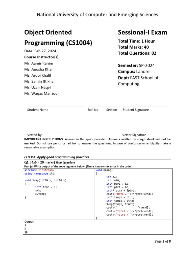 Oop Mid I Solution Spring 2024 Pdf Pointer Computer Programming Computer Science