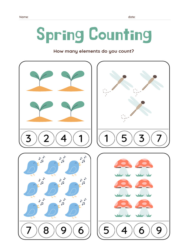 Spring Counting Worksheet Colorful Illustrative Style | PDF