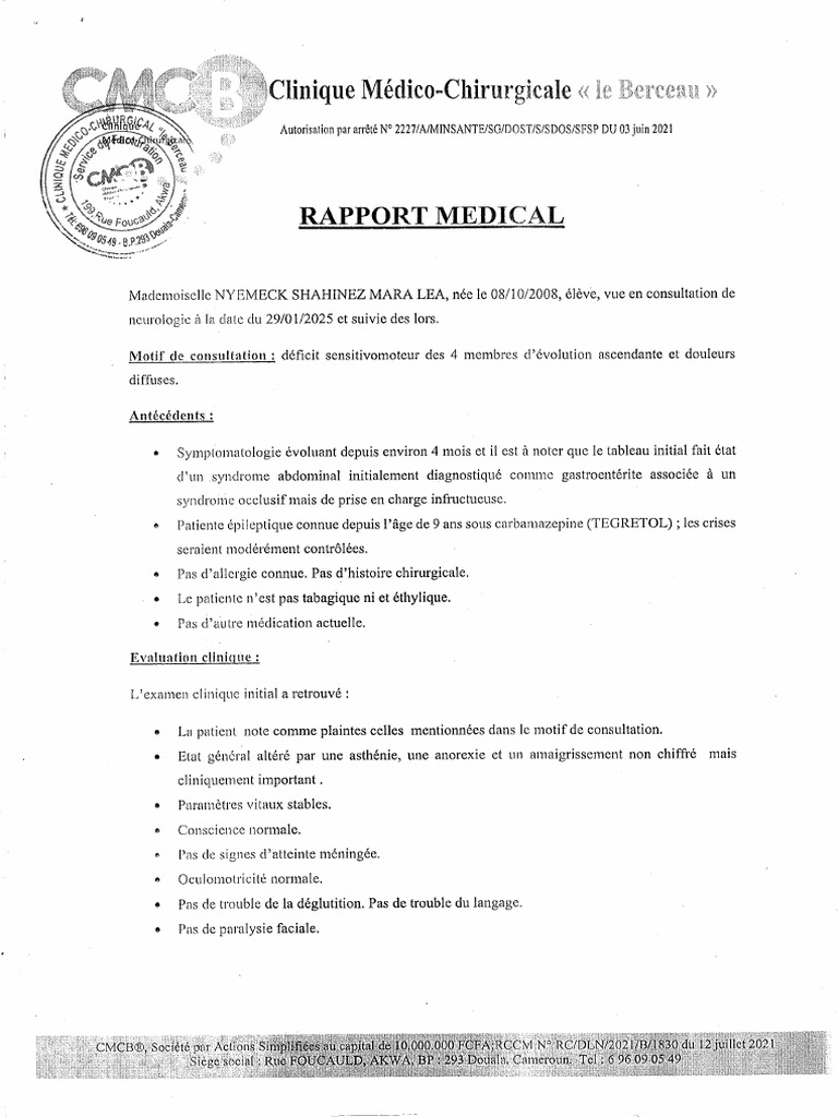 Rapport Medical Enfant Nyemeck | PDF