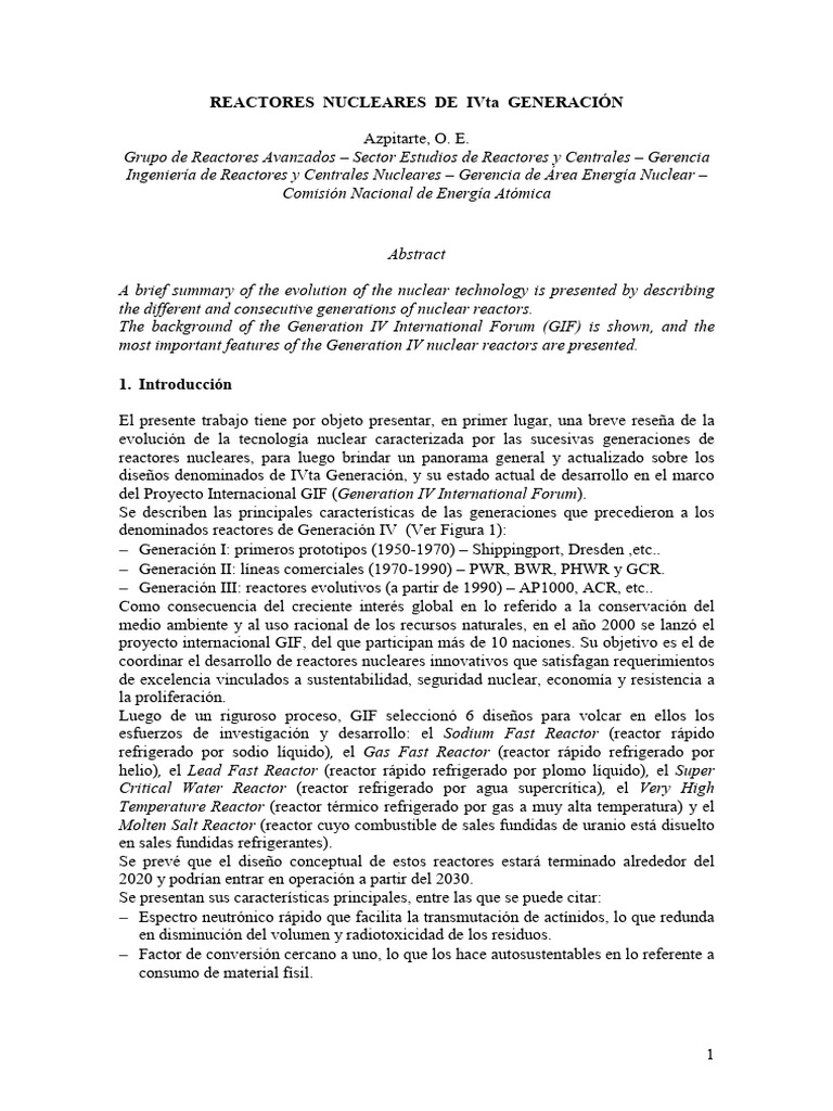 REACTORES NUCLEARES DE IVta GENERACIÓN | PDF | Reactor nuclear | La ...