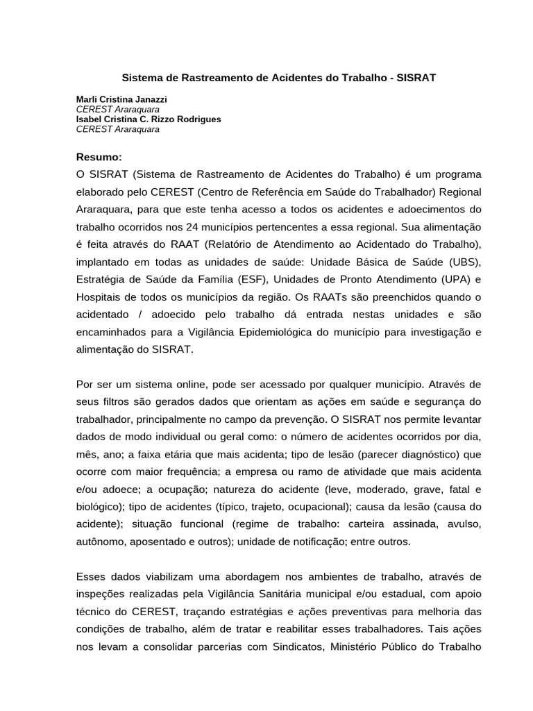 Sistema SISRAT: Rastreamento de Acidentes | PDF
