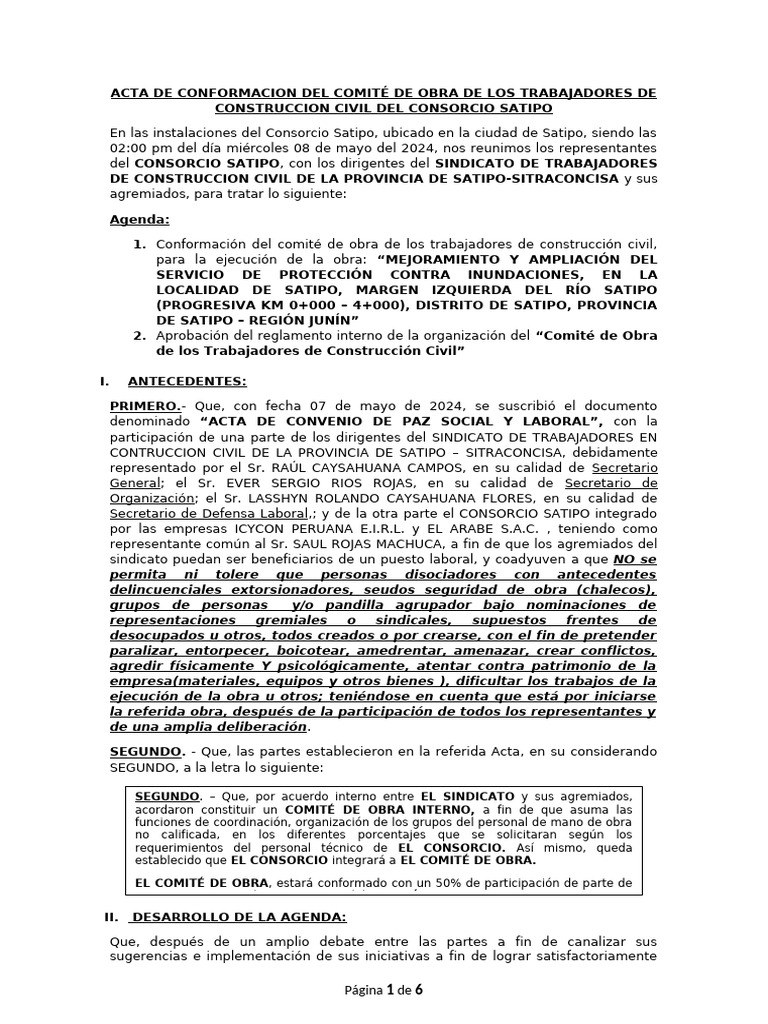 Acta de Conformacion Del Comite de Obra Interno de Los Trabajadores de ...