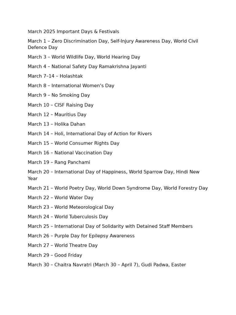 March Imp Days List | PDF