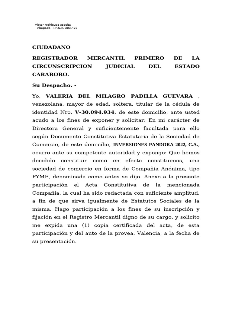 INVERSIONES PANDORA 2022, C.A. - Acta Constitutiva | PDF | Sociedad de responsabilidad limitada ...