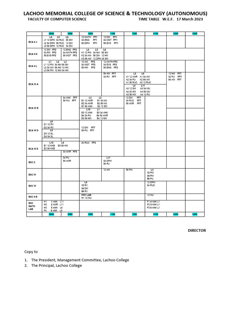 Lachoo College Computer Science Timetable | PDF