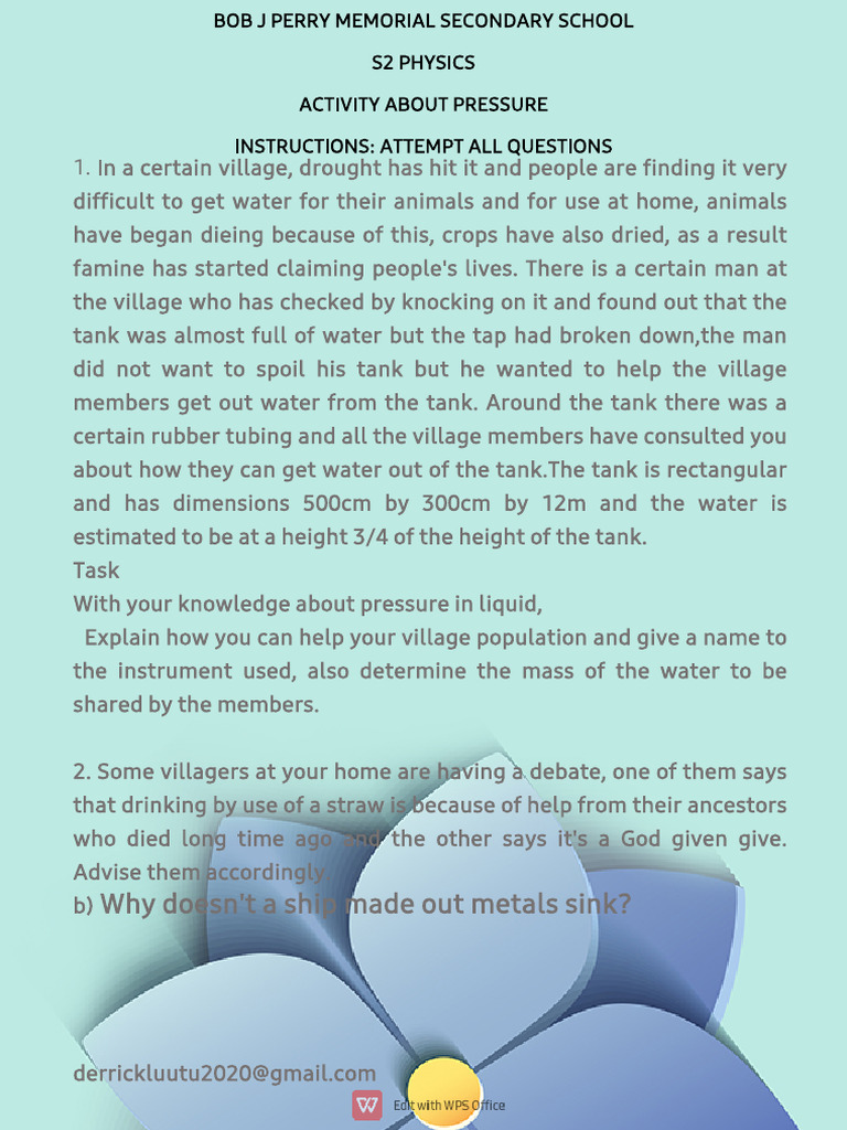 S2 Physics Activity on Water Pressure | PDF