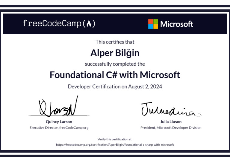 Freecodecamp.org Certification AlperBilgin Foundational c Sharp With Microsoft | PDF